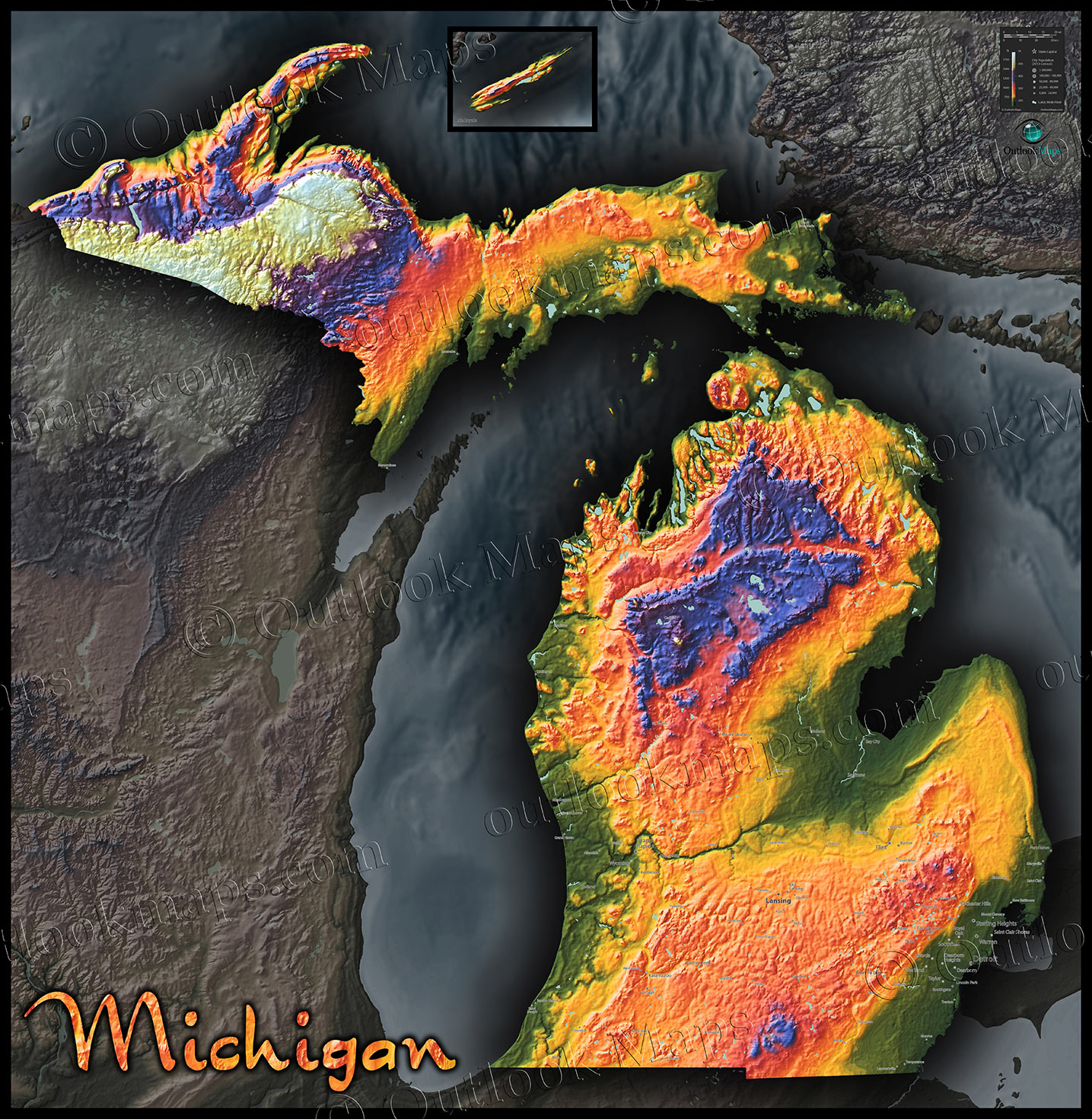 Topographic Map of Michigan | Physical Terrain in Bold Colors Topographic Map of Michigan | Physical Terrain in Bold Colors